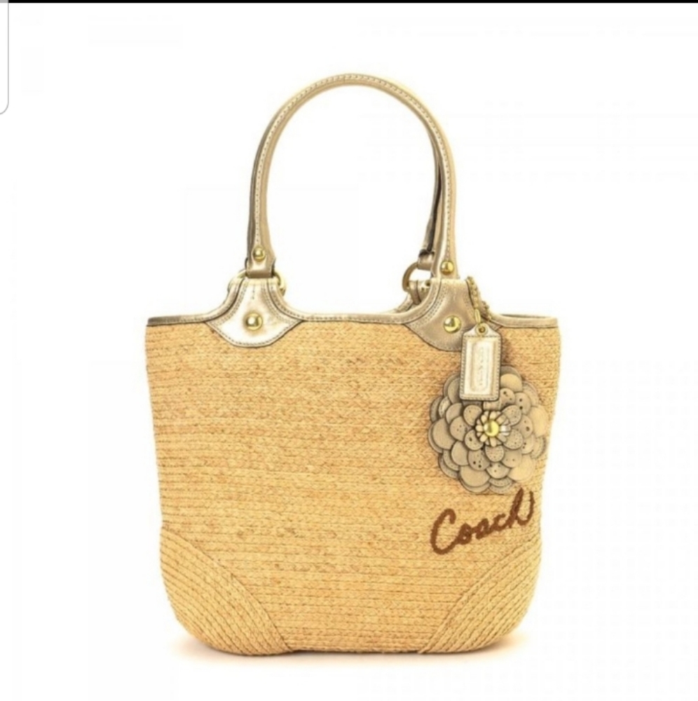 Coach Raffia Straw Metallic Bronze Floral Tote Bag - Gem